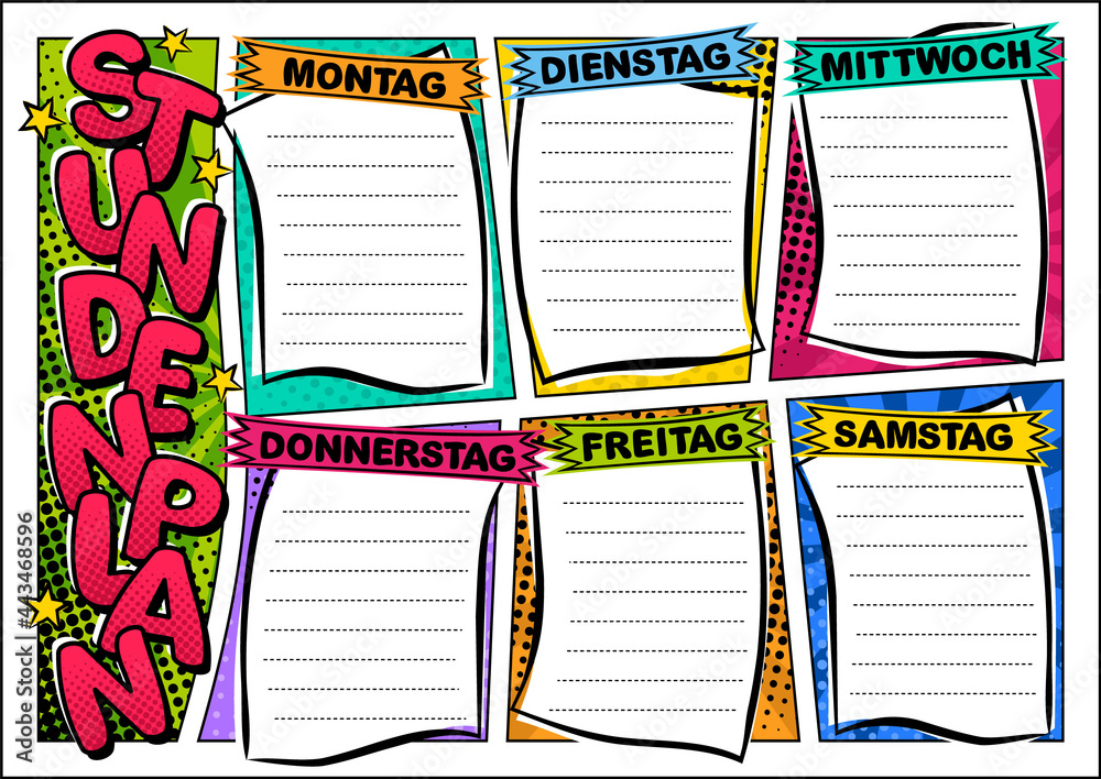 German Comic template of school schedule for 6 days of week. Cartoon ...