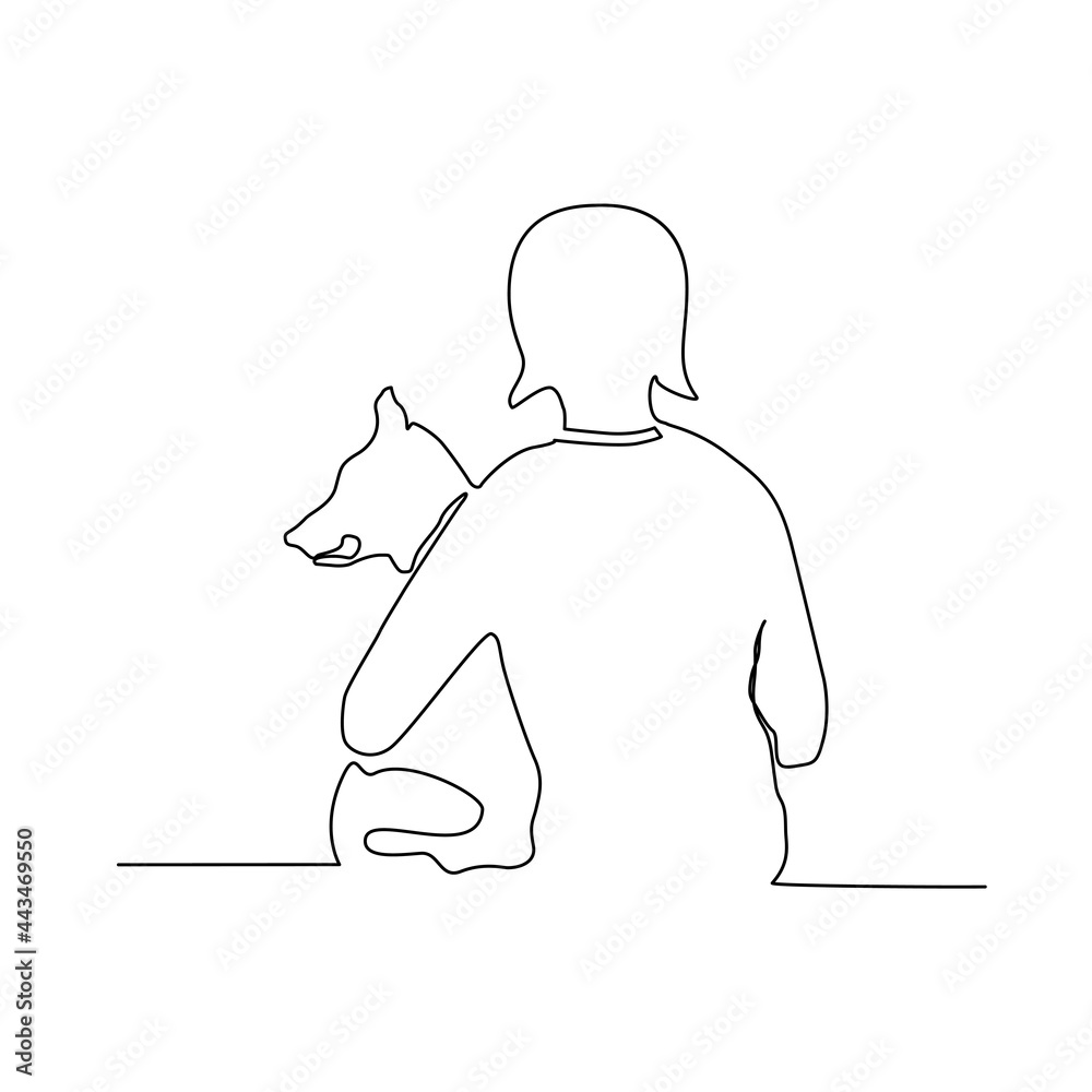 continuous line drawing of Woman sitting with her dog. Dog and girl ...