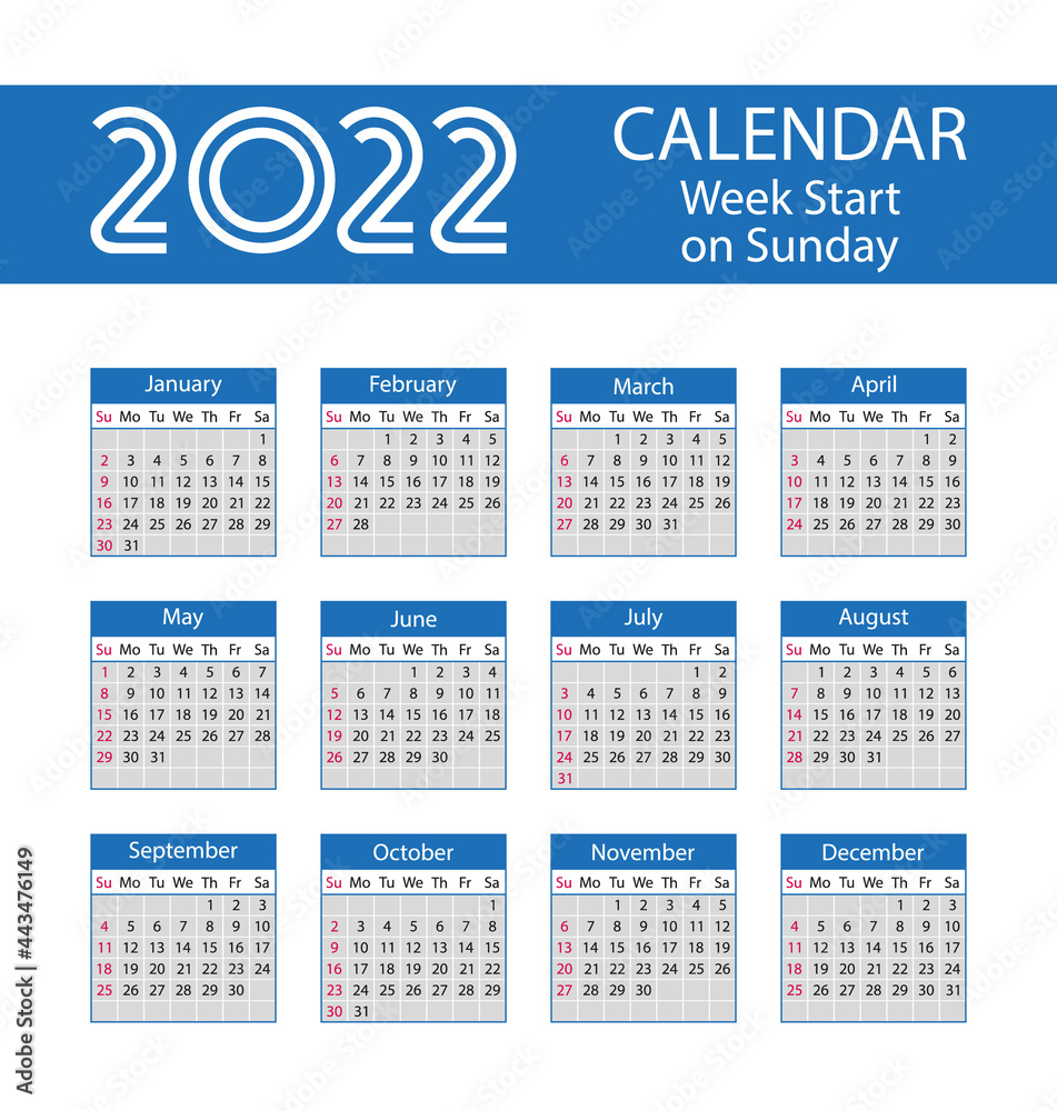 Calendar for 2022 year. Week starts from sunday. Stock Vector | Adobe Stock