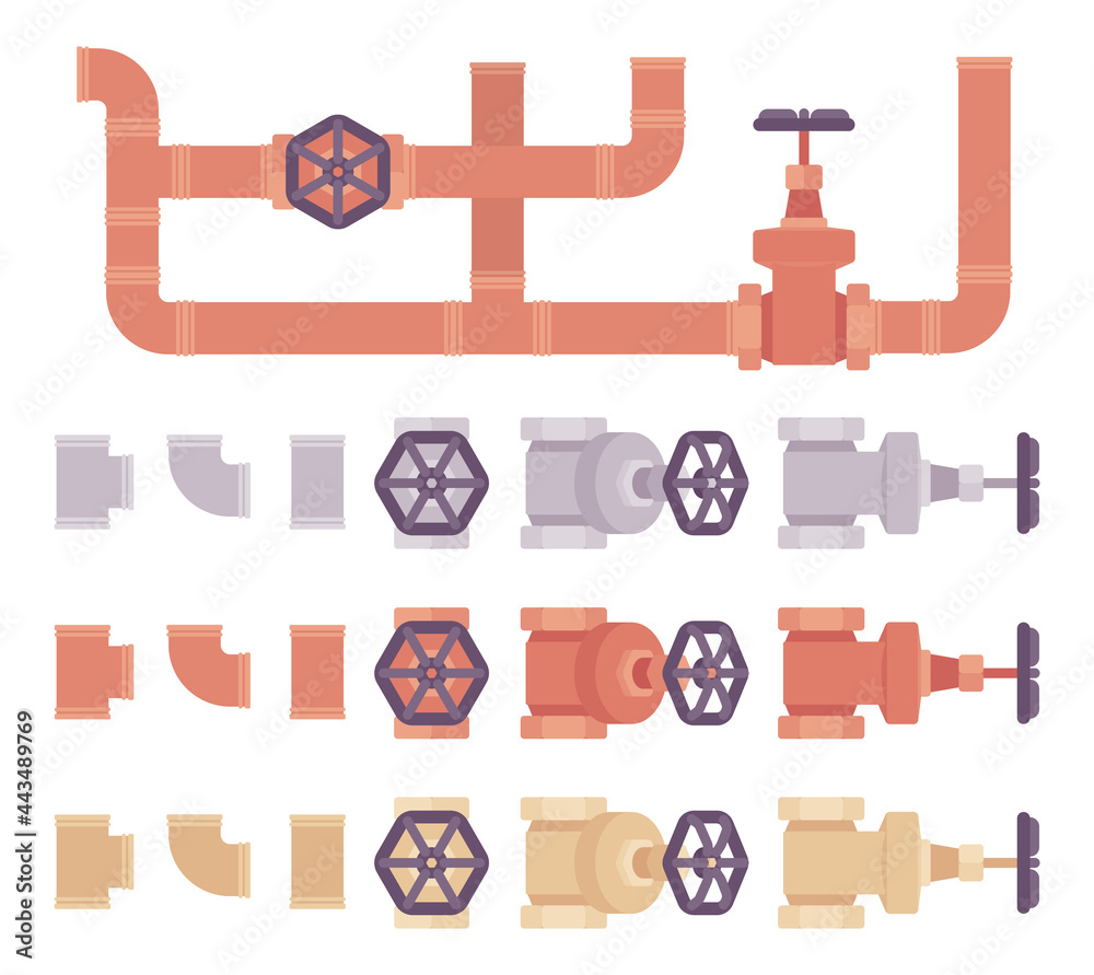 Piping and plumbing fittings, tube joints, pipe sections set. Grey ...
