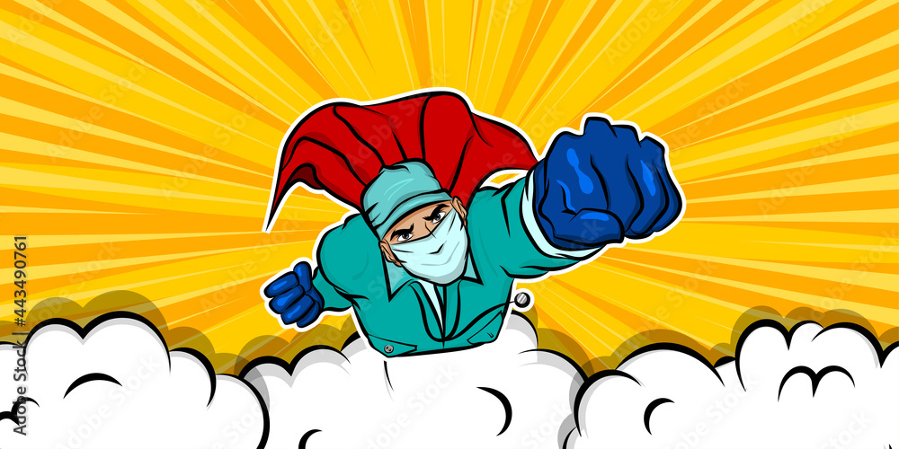 Super hero doctor man in cartoon comics book style flying red cloak ...
