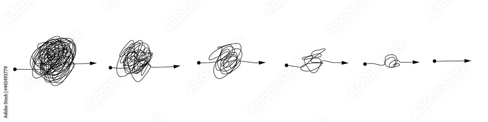 Complex and simple line path set. Scribble line knot from complicated to simplicity shapes ...