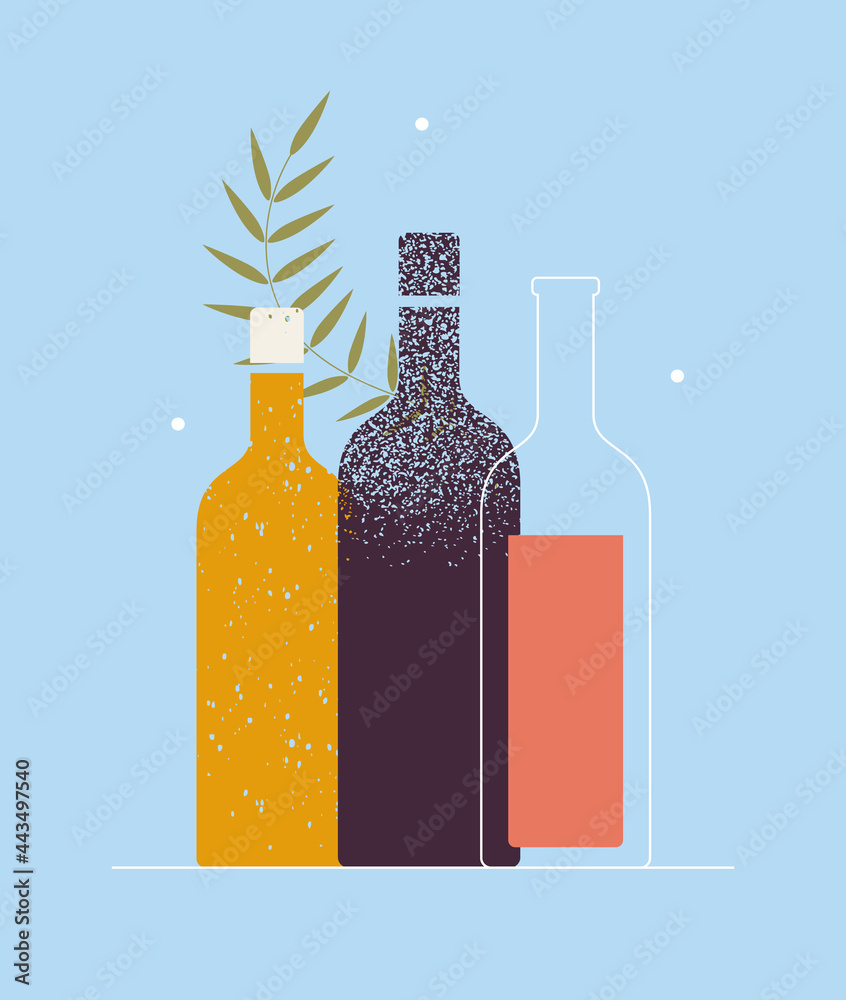 Abstract modern poster of wine bottles. Cocktail, alcohol beverage ...