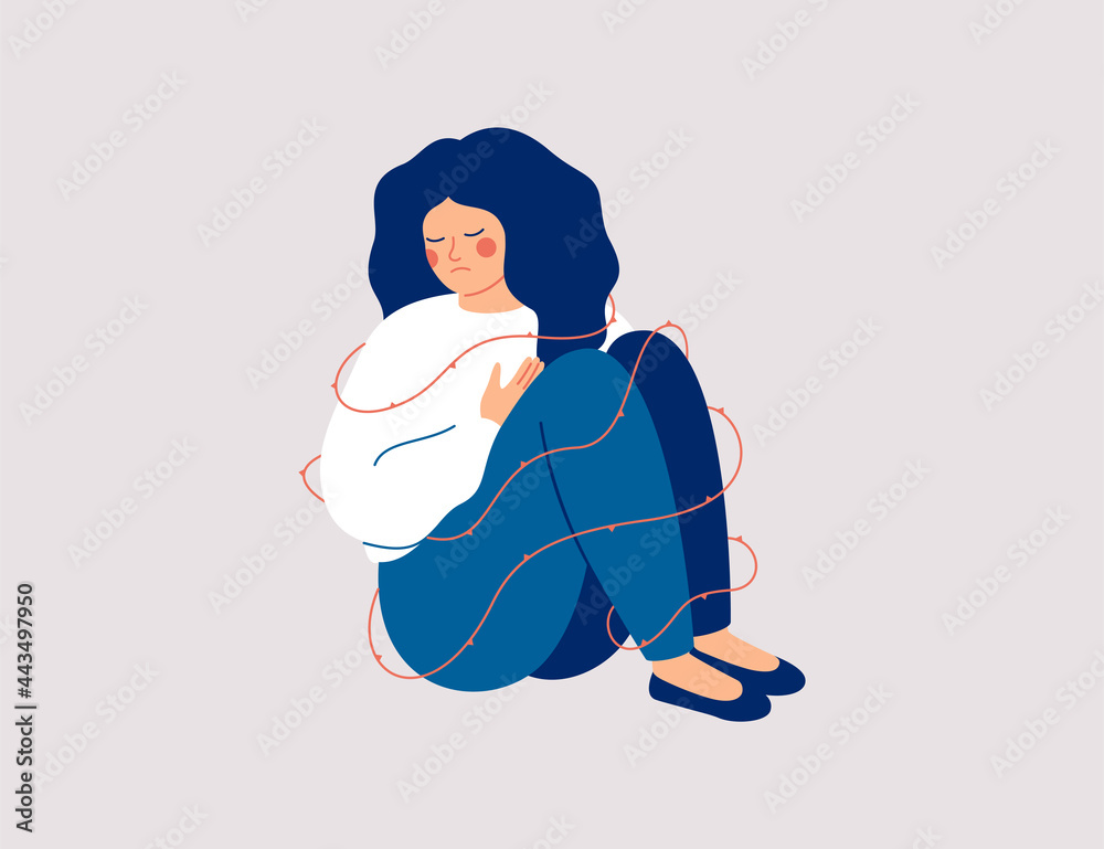 Sad woman surrounding sharp thorns. Lonely Girl has mental health ...