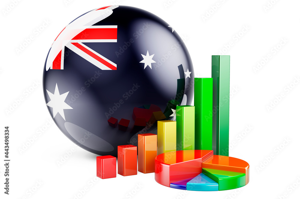 Australian flag with growth bar graph and pie chart. Business, finance ...