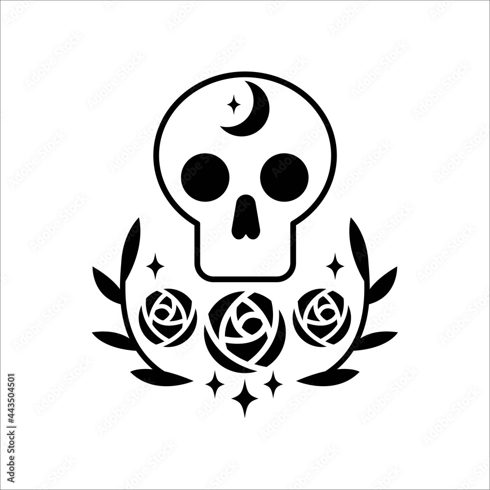 Skull magic symbols esoteric witch tattoos with crescent moon, rose ...