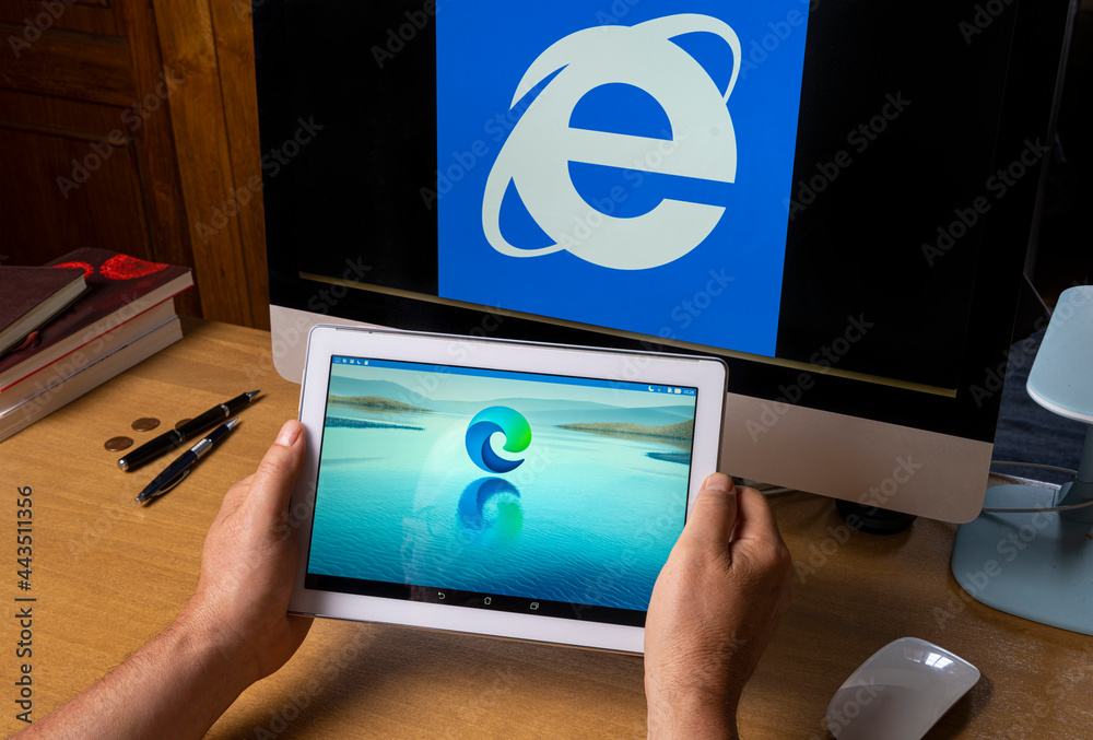the symbol of the new Microsoft Edge browser on a tablet screen with ...