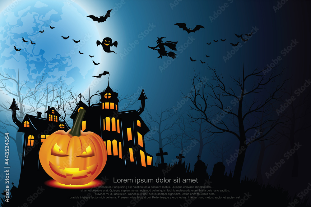 Castle, haunted house and ghost hands, tomb on full moon night ...