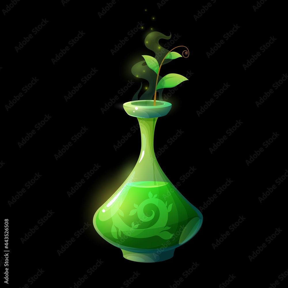 Potion bottle with green sprout, vector glass flask with magic elixir ...
