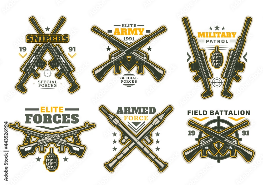 Naklejka Military and army heraldry icons with isolated vector guns and ...