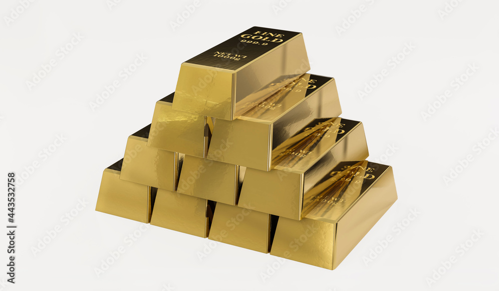 3D rendering of a Gold Bars stacked and isolated over white background ...
