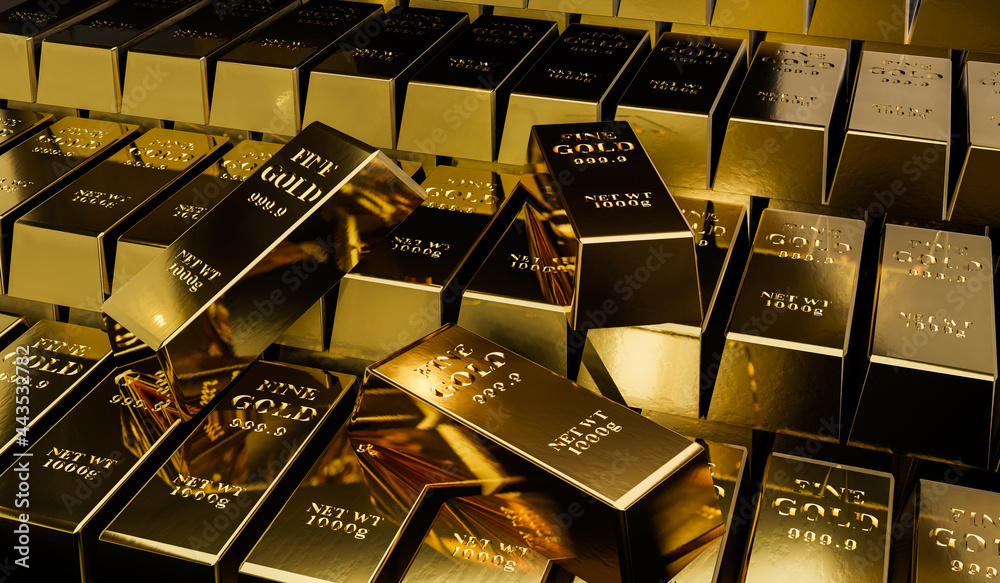 3D rendering of a Gold Bars stacked, group of gold bars. Luxury ...