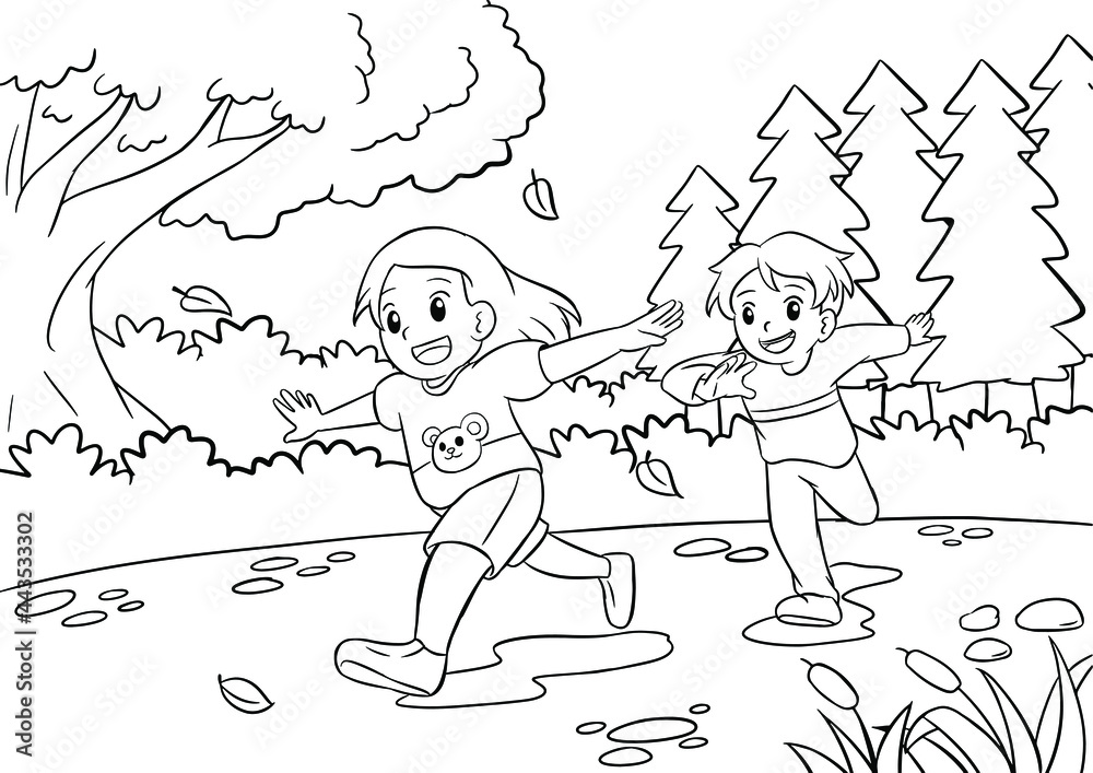 Kids Coloring Pages with Bro and Sister Playing Outside Together Black ...