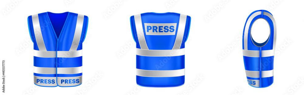 Blue safety vest for press with reflective stripes. Uniform for ...
