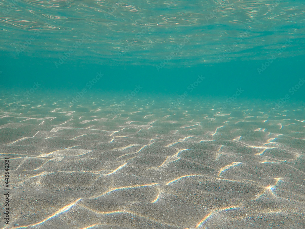 underwater blue ocean wide background with sandy sea bottom, Real ...