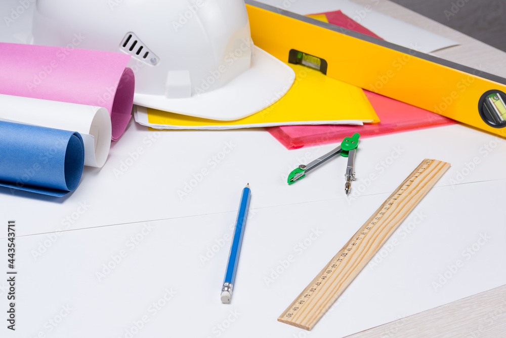 Construction concept and building design. Work table of an engineer ...