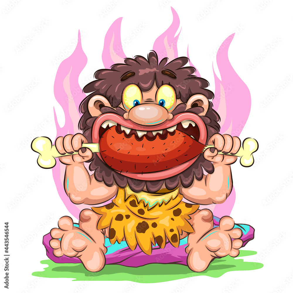 Cartoon Hungry Caveman. A funny illustration of a caveman eating a ...