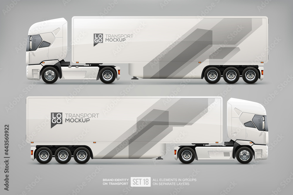 White futuristic cargo Truck Trailer vector mockup with branding design ...