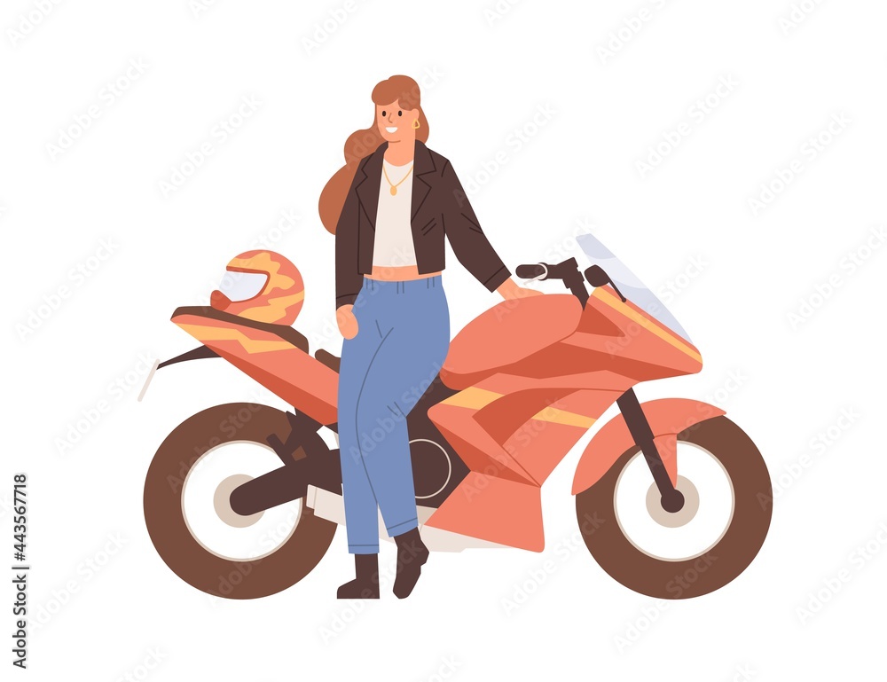 Young female biker posing near motor bike. Woman standing by modern ...