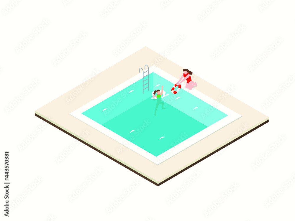 Drowning isometric vector concept. Woman helping her daughter drowning ...