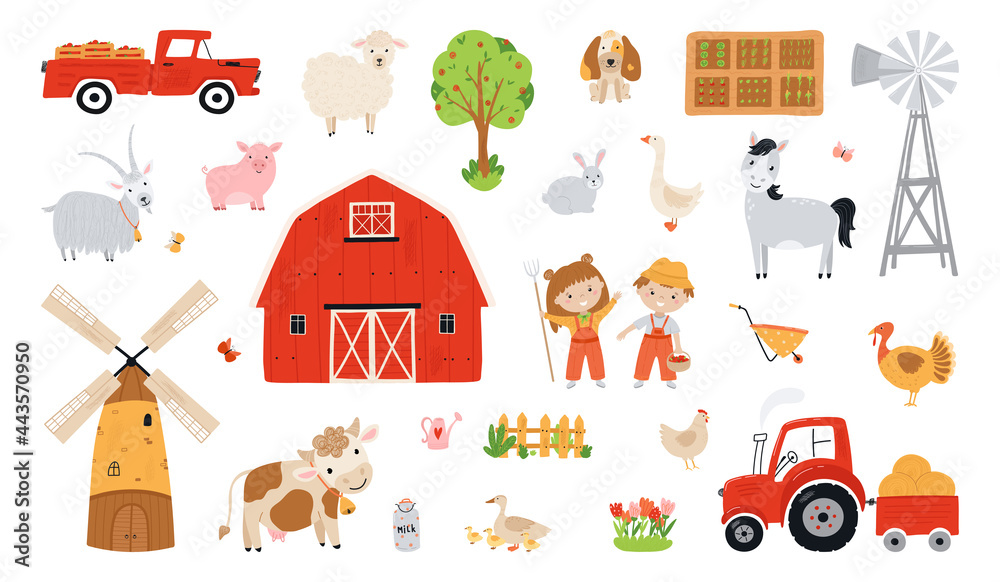 Set farm elements. Collection farm animals in a flat style. Children farmers are harvesting ...