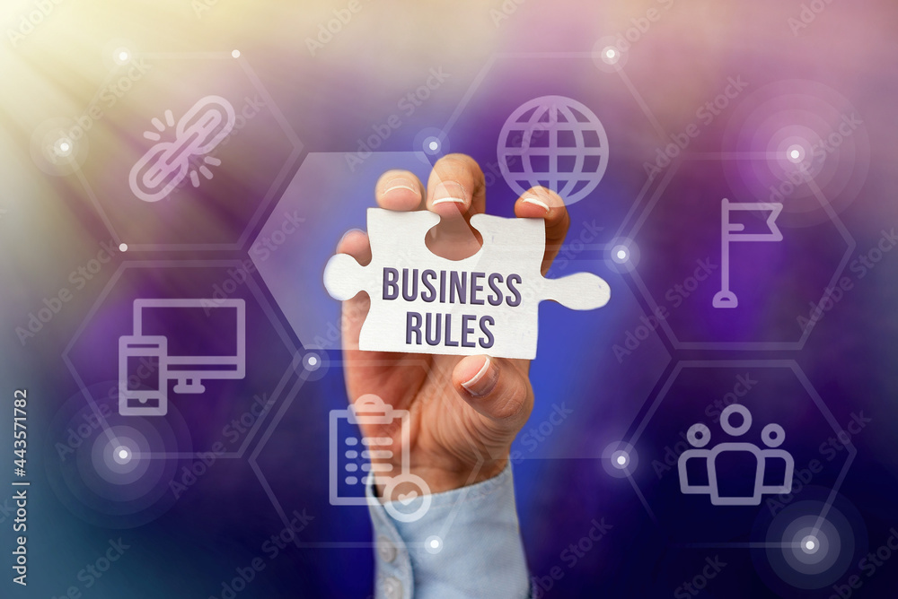 Hand writing sign Business Rules. Business showcase the principles ...