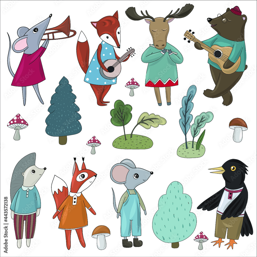 Large collection of forest animals. Fox, mouse, elk, bear, squirrel ...