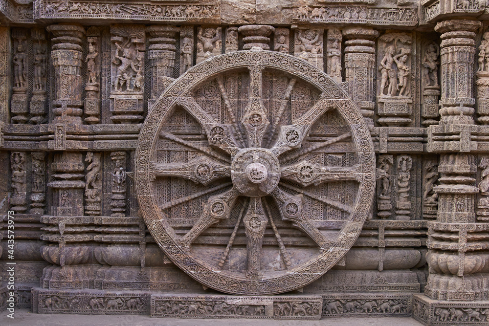 Detail of chariot wheel and religious carvings decorating the ancient ...