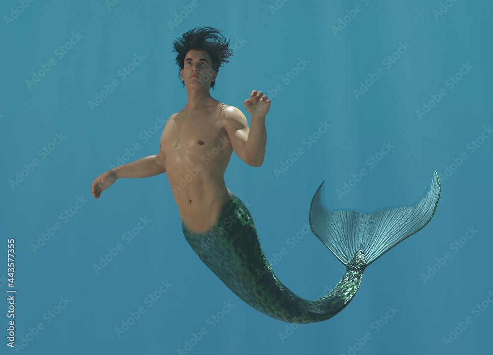 3D render, a merman creature is swimming under the sea Stock ...