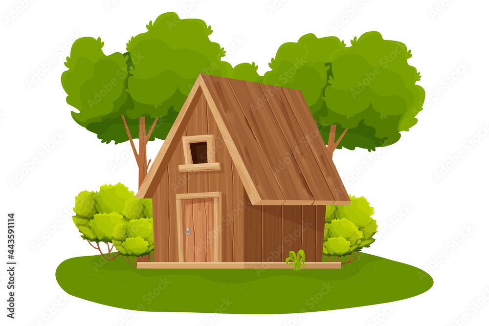 Forest hut, wooden house or cottage decorated with trees, grass and ...