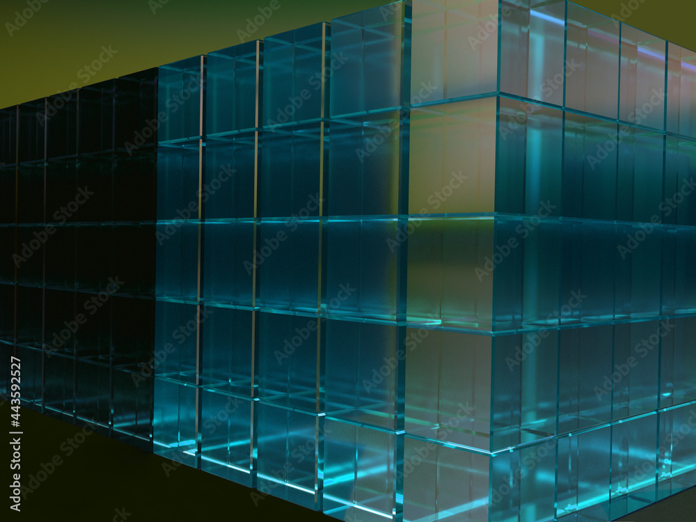 3D rendered glass blocks in ordered structure with blue light effects ...