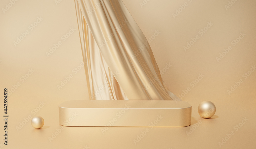 3D rendering gold color background with geometric shapes, pedestal on ...