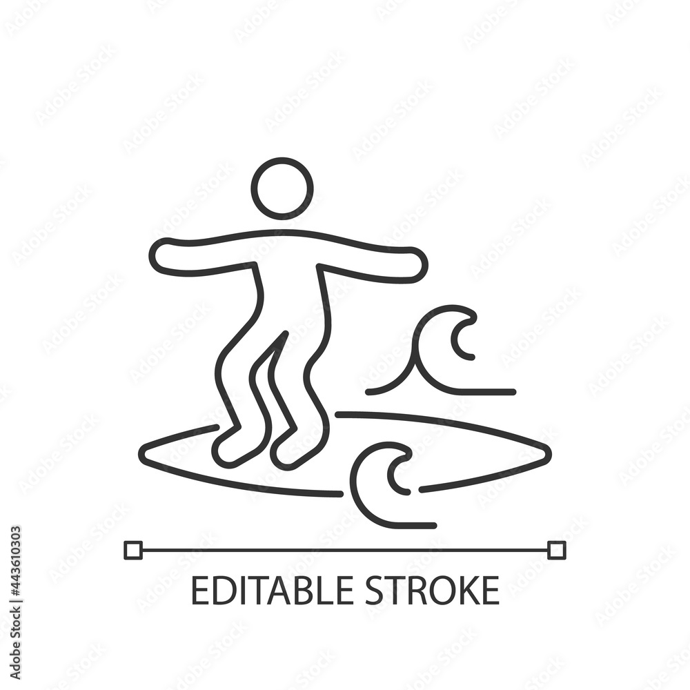 Noseriding surfing technique linear icon. Maneuver on head-high waves ...