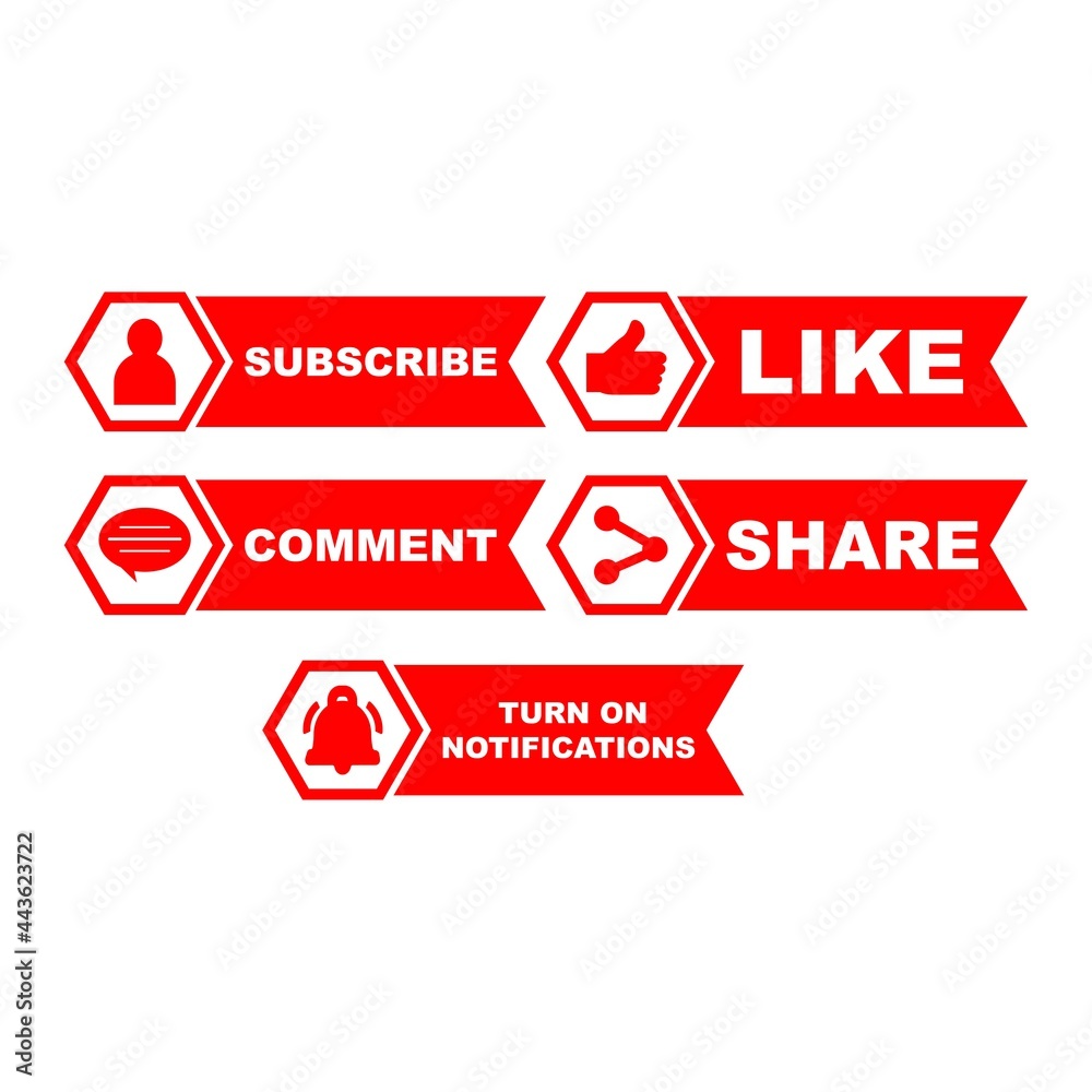Subscriber button collection with multiple ribbon shapes. Red color button collection with like ...