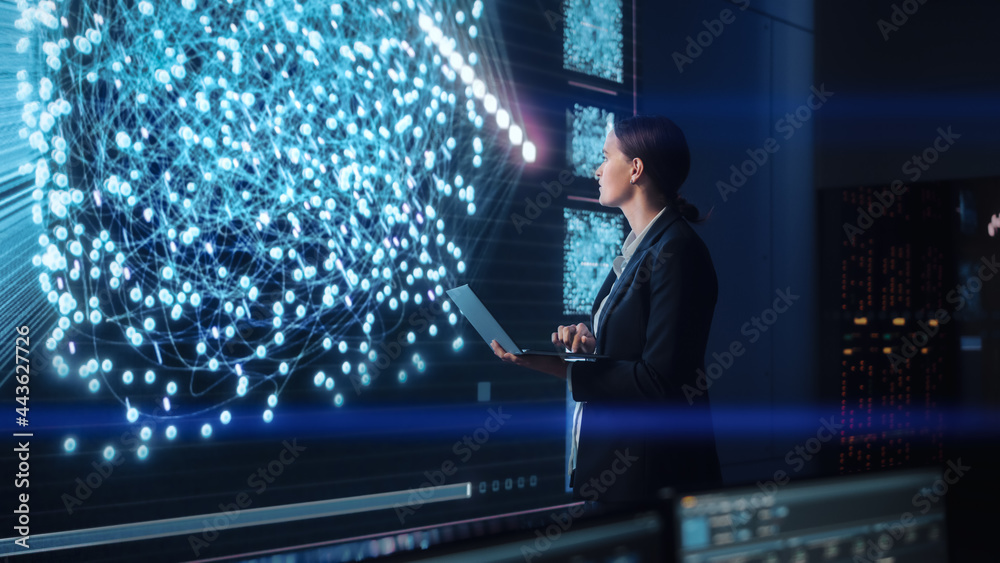 Young Female Computer Science Engineer Working on Laptop next at Big ...