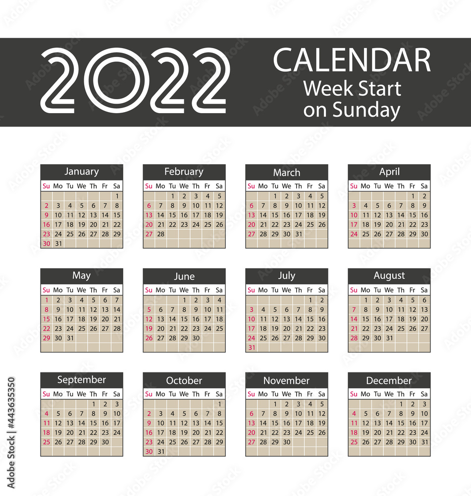 Calendar for 2022 year. Week starts from sunday. Stock Vector | Adobe Stock