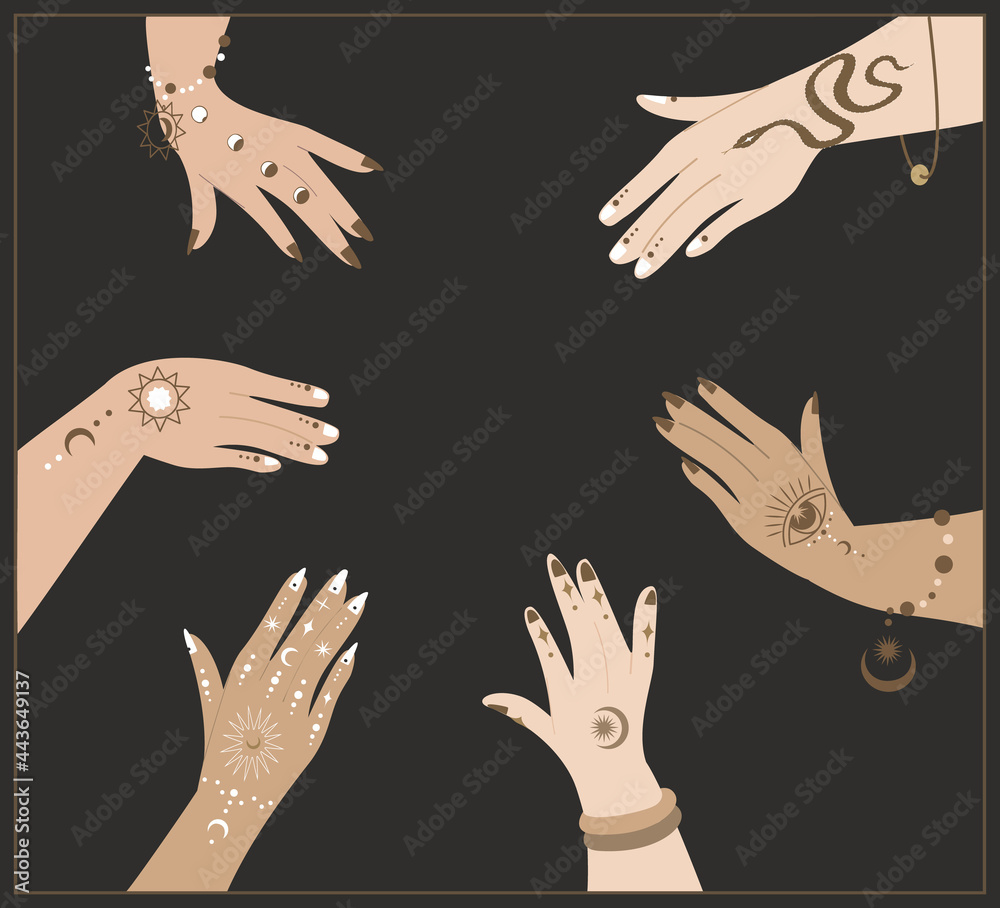 Female Palms with Ornamental Henna Mehendi Paintings Circle.Women Round ...