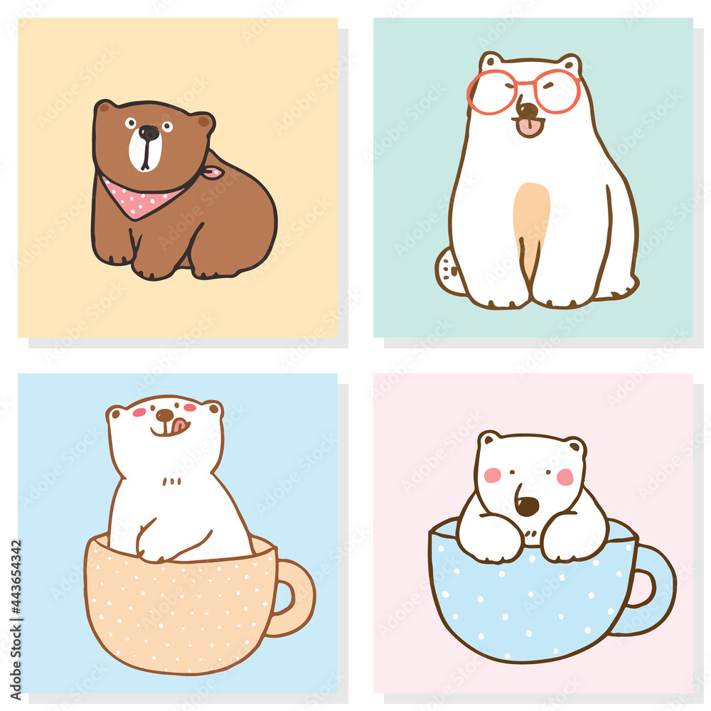 Vector Illustration of 4 Bear Character Design on Different Color ...