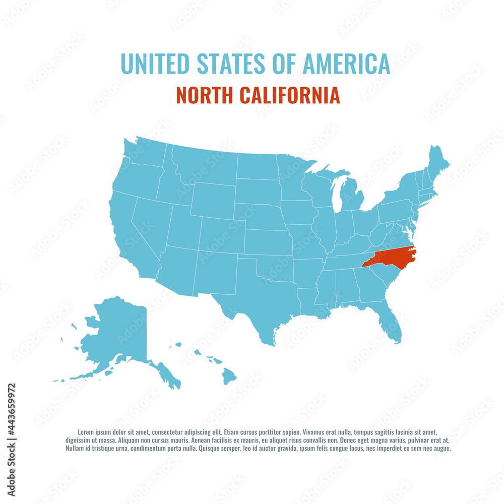 Map of North California. USA modern map with federal states in blue ...