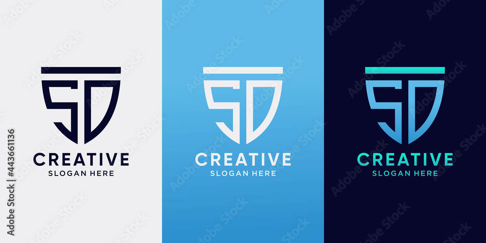 Shield logo design initial letter SD with line art style and creative ...
