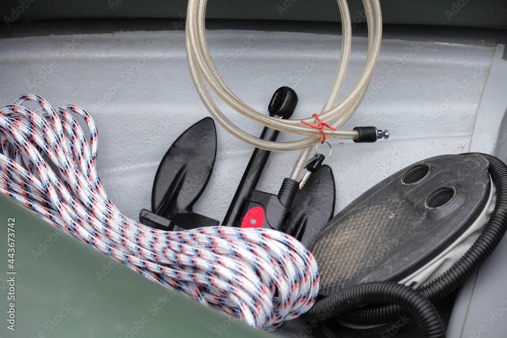 RIB rinflatable boat new equipment - black anchor, mooring rope, air ...