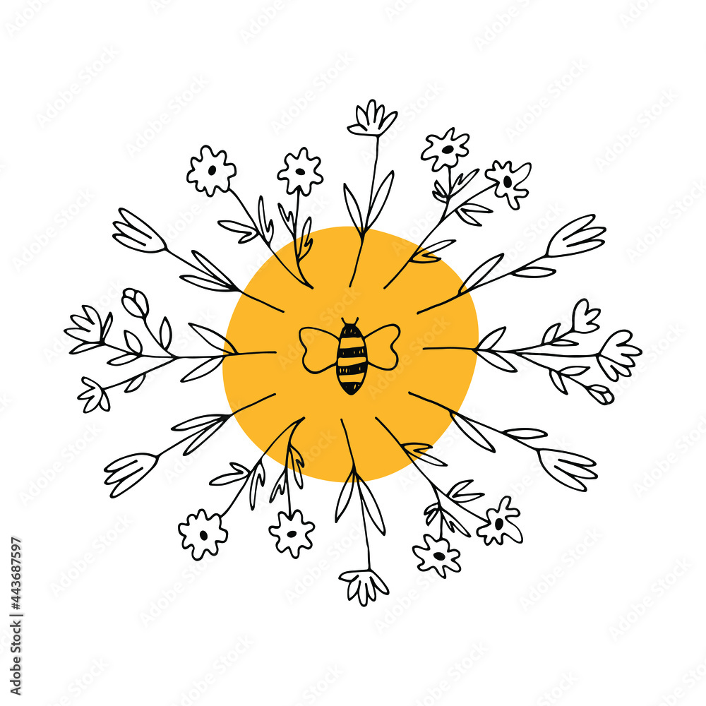 Vector floral frame with bee. Linear hand drawn illustration with ...