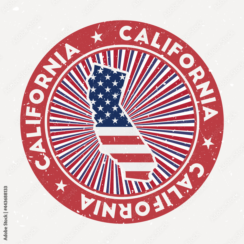 California round stamp. Logo of us state with flag. Vintage badge with ...