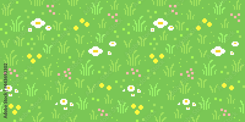 Pixel art meadow with flowers background. Seamless lawn texture ...