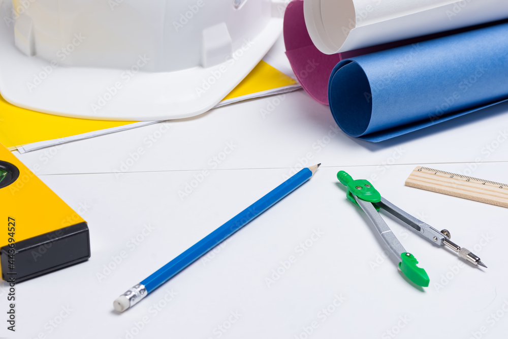Construction concept and building design. Work table of an engineer ...
