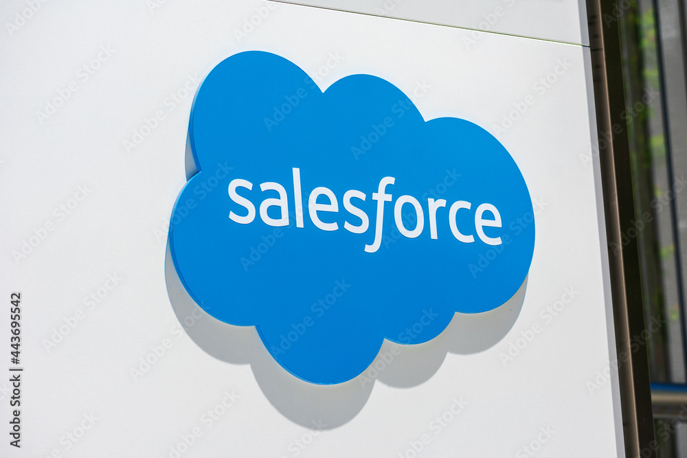 Salesforce cloud logo at software company headquarters. Close up. - San ...