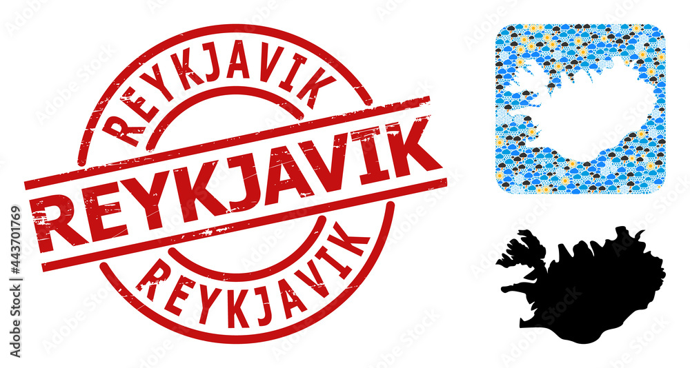 Climate collage map of Iceland, and grunge red round Reykjavik badge ...