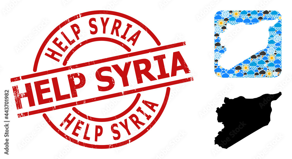Weather pattern map of Syria, and scratched red round Help Syria stamp ...