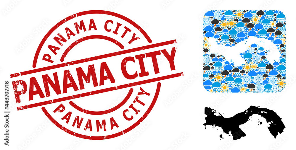 Climate collage map of Panama, and scratched red round Panama City ...