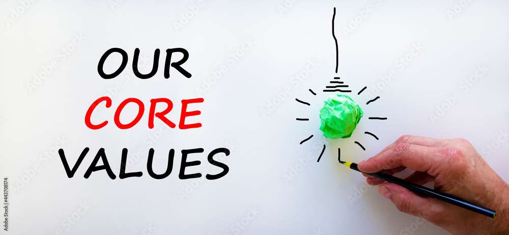 Our core values symbol. Businessman writing words 'Our core values ...